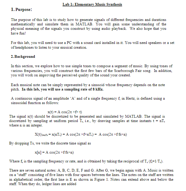 Solved Lab 1: Elementary Music Synthesis 1. Purpose: The | Chegg.com