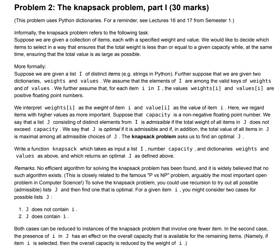 Solved Problem 2: The knapsack problem, part I (30 marks) | Chegg.com