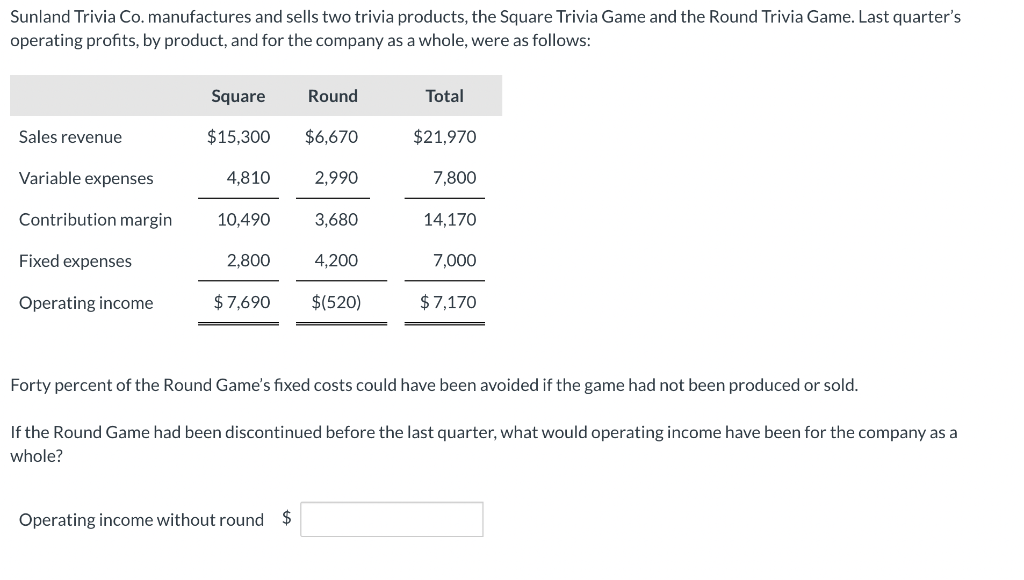 Solved Sunland Trivia Co. manufactures and sells two trivia | Chegg.com