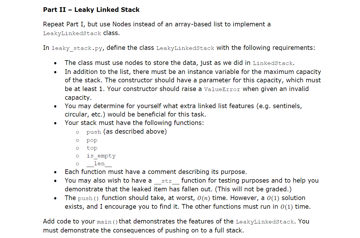 Part II - Leaky Linked Stack Repeat Part I, but use | Chegg.com