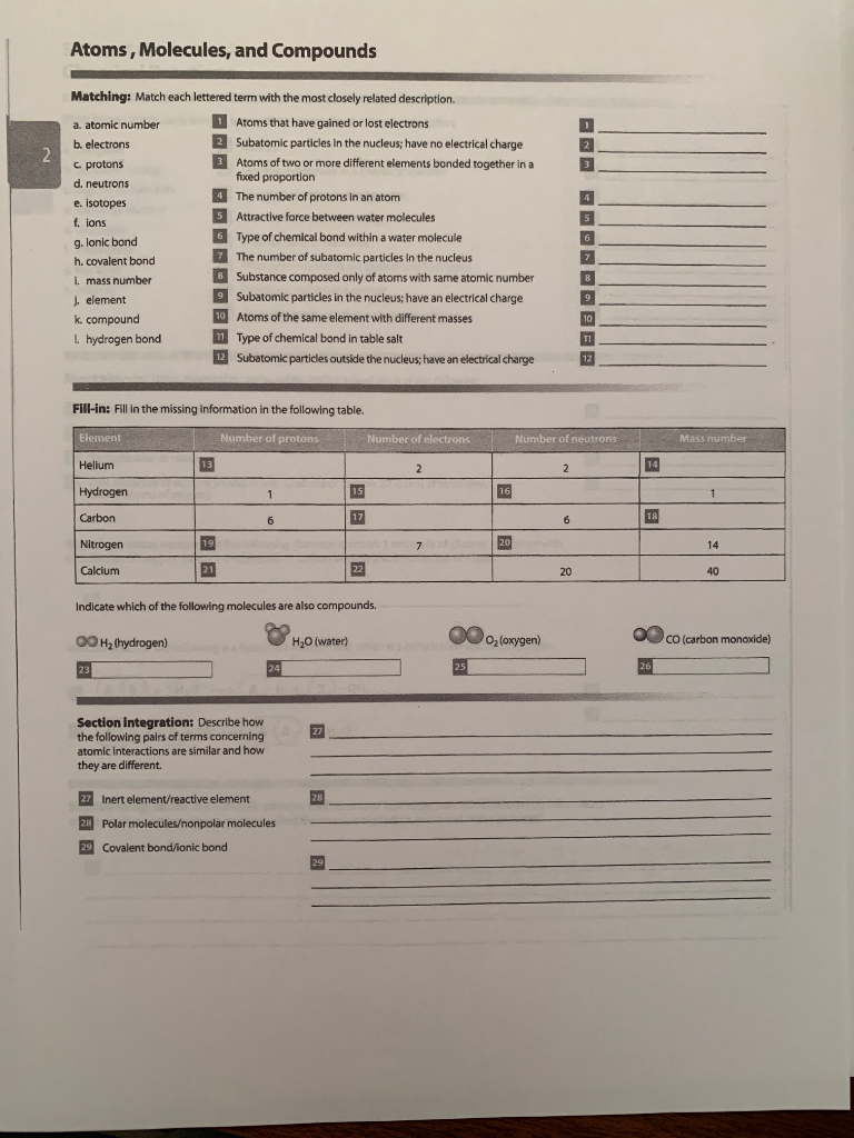 Solved Atoms, Molecules, and Compounds Matching Match each | Chegg.com