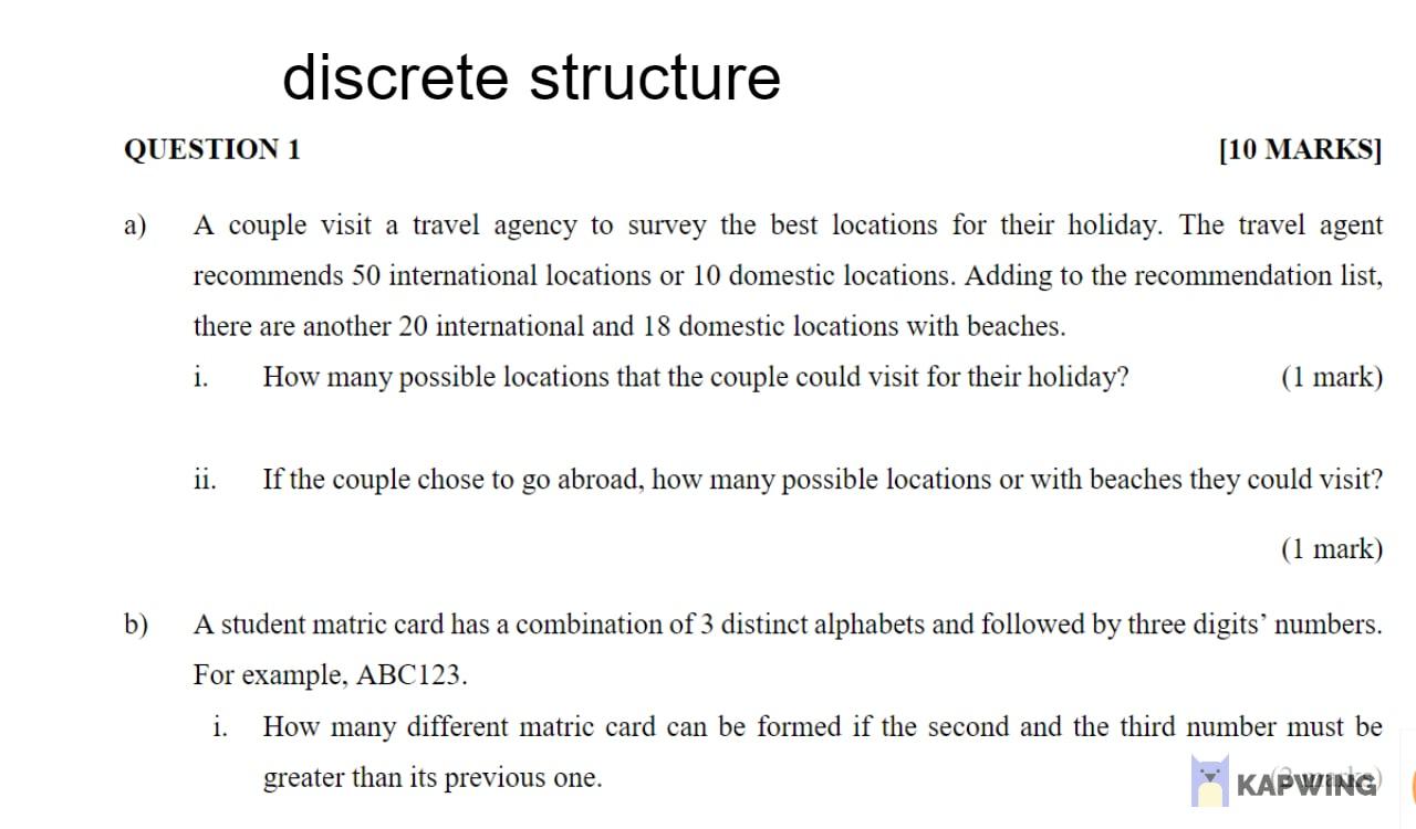 Solved discrete structure QUESTION 1 [10 MARKS] a) A couple | Chegg.com