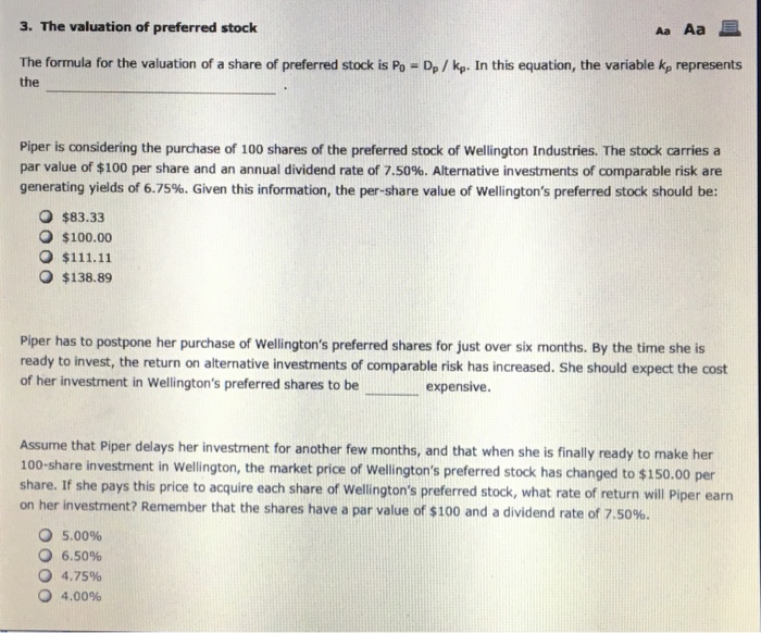 Solved The valuation of preferred stock The formula for the | Chegg.com