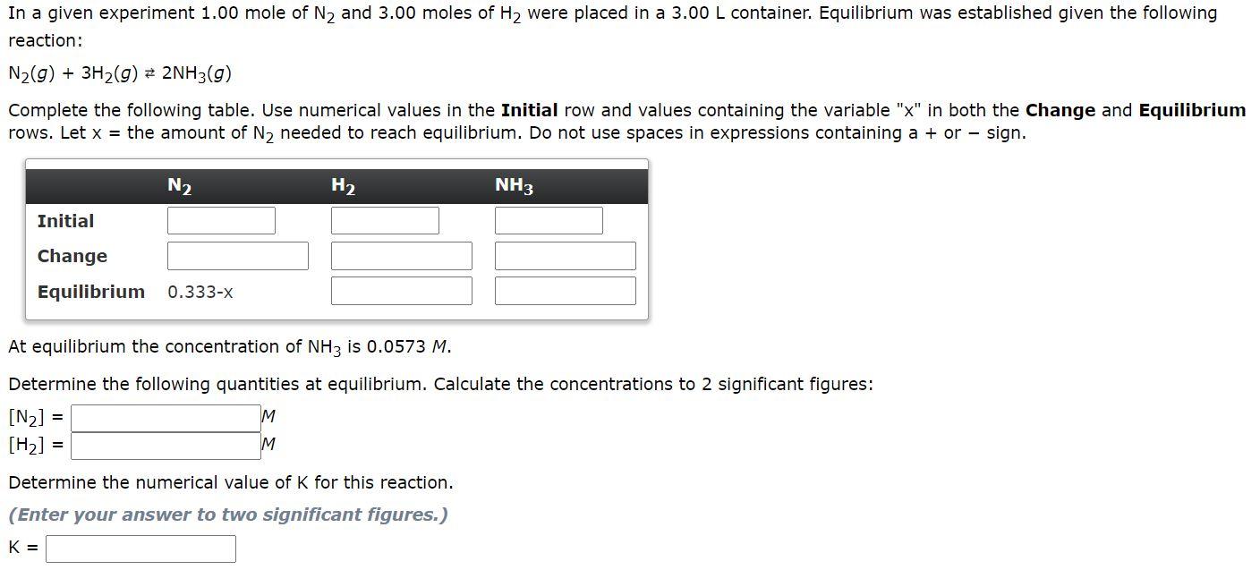 Solved In a given experiment 1.00 mole of N2 and 3.00 moles | Chegg.com