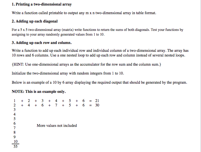 Solved 1. Printing a two-dimensional array Write a function | Chegg.com