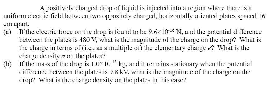 Solved A positively charged drop of liquid is injected into | Chegg.com