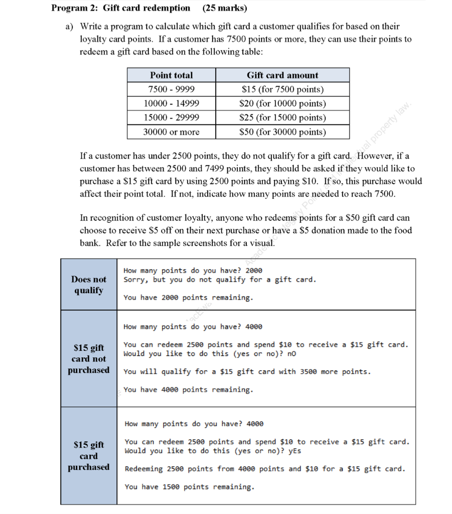 Solved Program 2: Gift card redemption (25 marks) a) Write a | Chegg.com