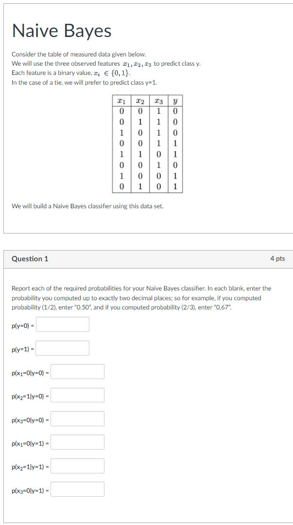Solved Naive Bayes Consider the table of measured data given | Chegg.com
