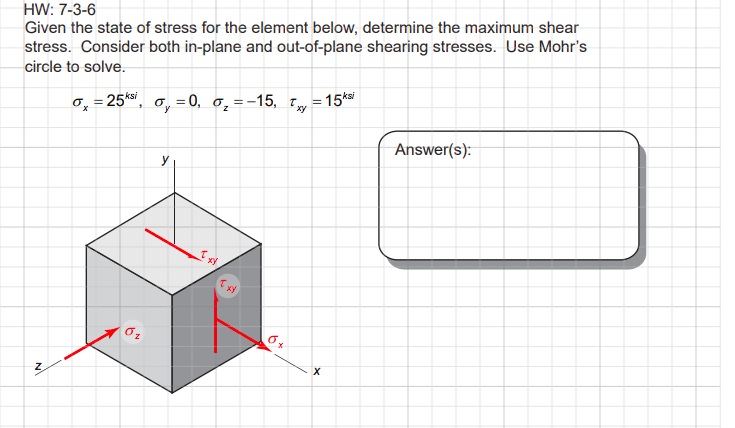 Solved HW: 7-3-6 Given the state of stress for the element | Chegg.com Solved HW: 7-3-6 Given the state of stress for the element | Chegg.com