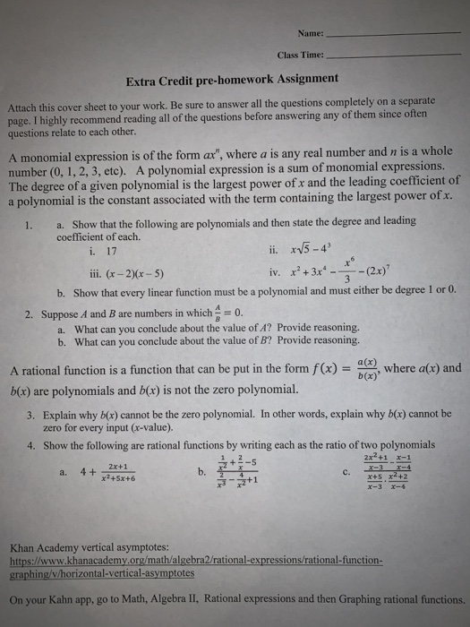 Solved Name: Class Time: Extra Credit pre-homework | Chegg.com
