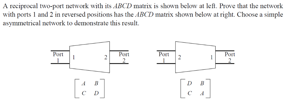Solved A reciprocal two-port network with its ABCD matrix is | Chegg.com
