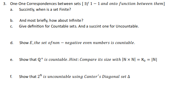 Solved 3. One-One Correspondences between sets [ ∃f1−1 and | Chegg.com