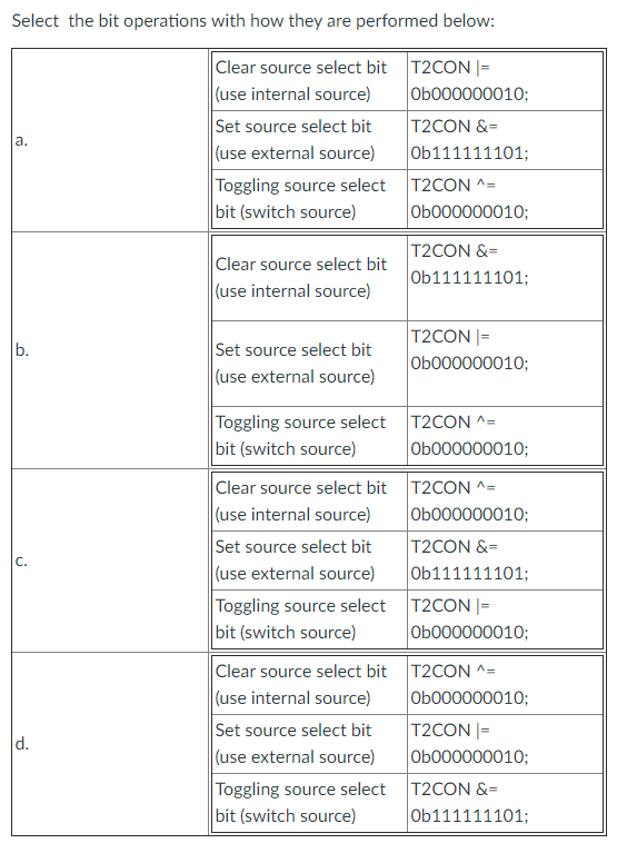 Solved Select the bit operations with how they are performed | Chegg.com