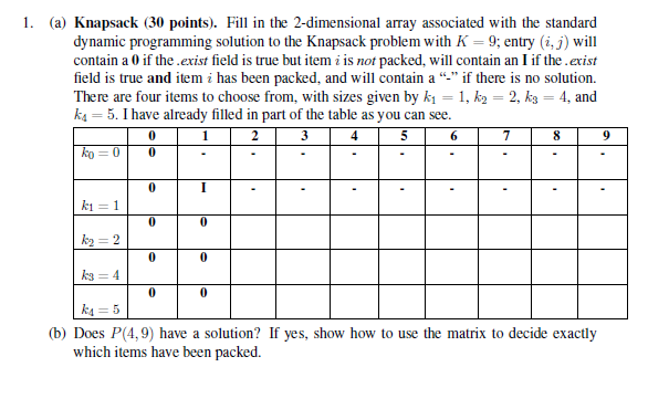 Solved 1. (a) Knapsack (30 points). Fill in the | Chegg.com