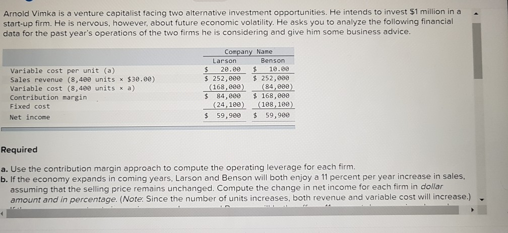 Solved Arnold Vimka is a venture capitalist facing two | Chegg.com