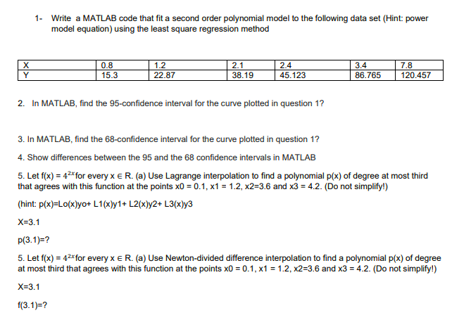 Solved 1- Write a MATLAB code that fit a second order | Chegg.com