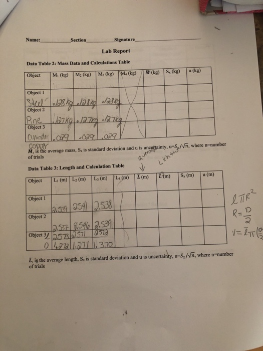 Name: Section Signature Lab Report Data Table 2: Mass | Chegg.com