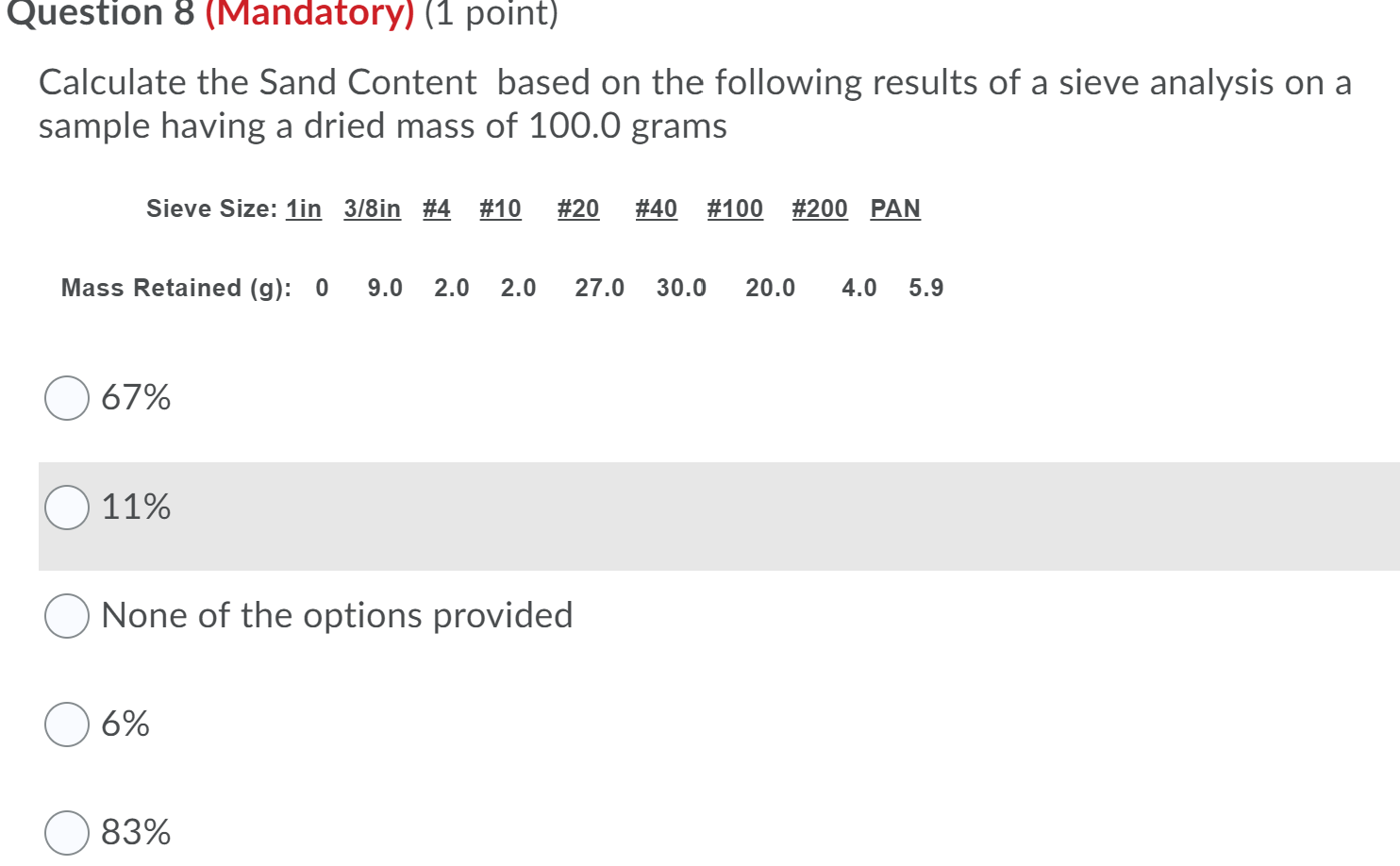 Solved Question 8 (Mandatory) (1 point) Calculate the Sand | Chegg.com