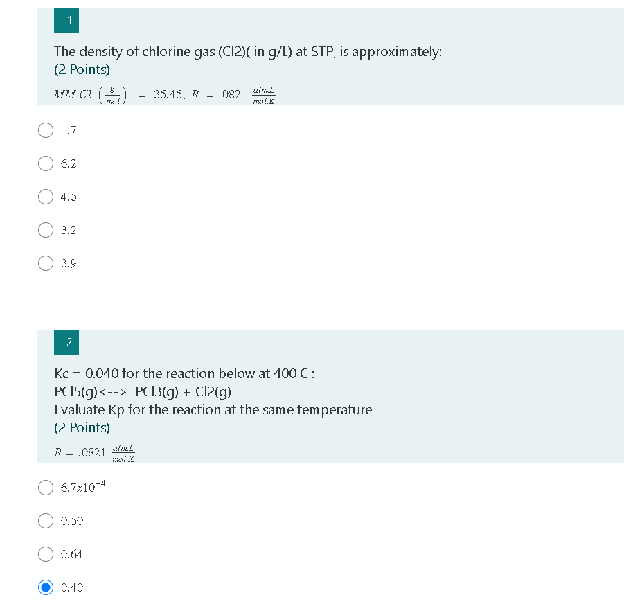 Solved 11 The density of chlorine gas (C12)( in g/L) at STP, | Chegg.com