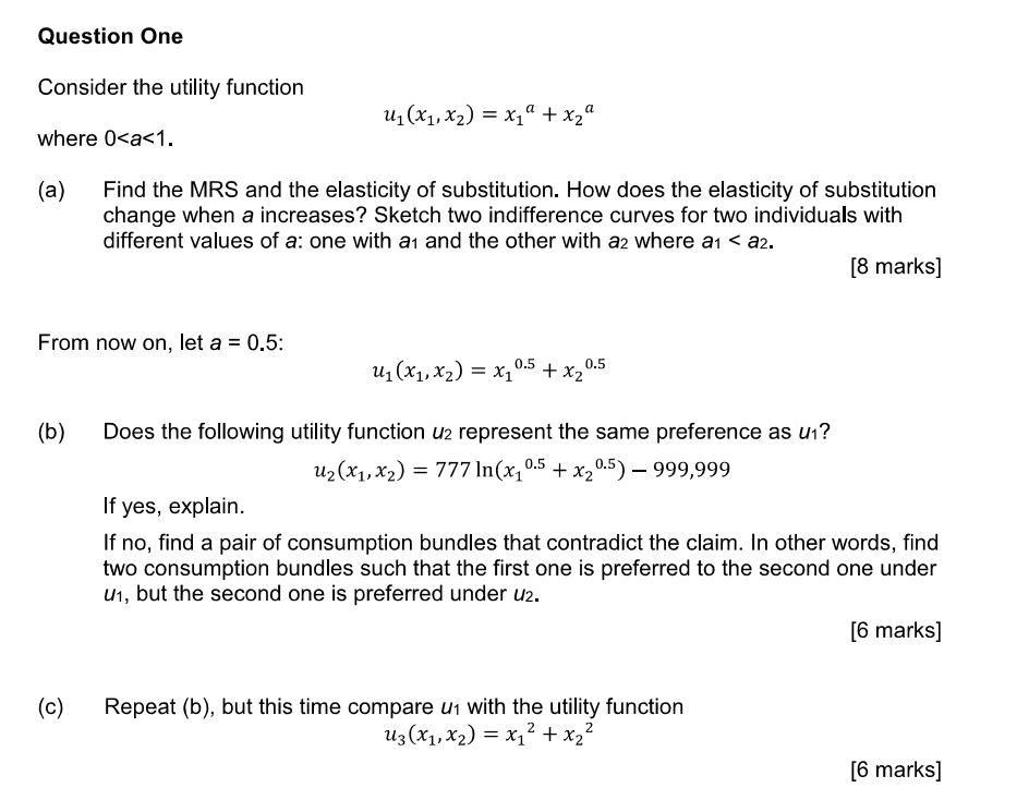 Solved Question One Consider the utility function u1(x1,x2) | Chegg.com