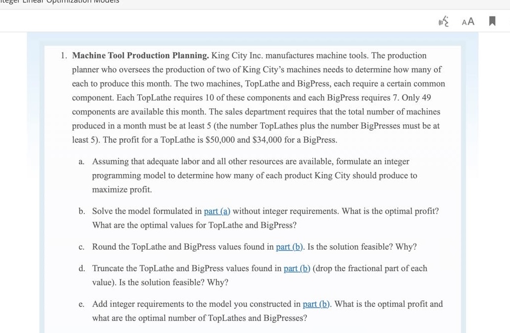 Solved Machine Tool Production Planning. King City Inc. | Chegg.com