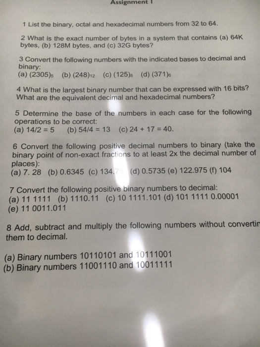 Solved Assignment 1 List the binary, octal and hexadecimal | Chegg.com