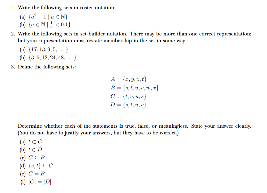 Solved 1. Write the following sets in roster notation: (a) | Chegg.com