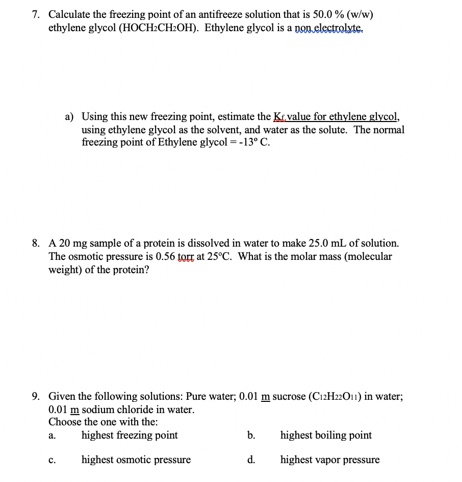 Solved 7. Calculate the freezing point of an antifreeze | Chegg.com