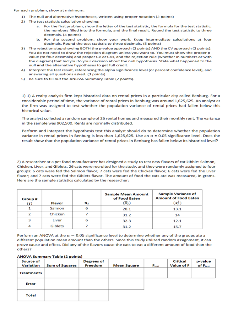 Solved For each problem, show at minimum: 1) The null and | Chegg.com