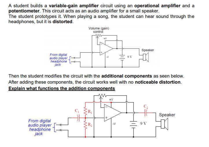 Solved A student builds a variable-gain amplifier circuit | Chegg.com