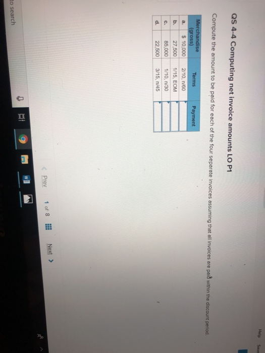 Solved Help Save QS 4-4 Computing net invoice amounts LO P | Chegg.com