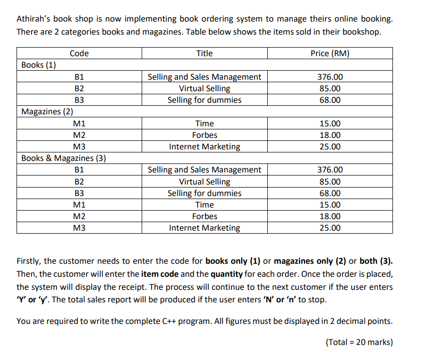 Solved Athirah's book shop is now implementing book ordering | Chegg.com