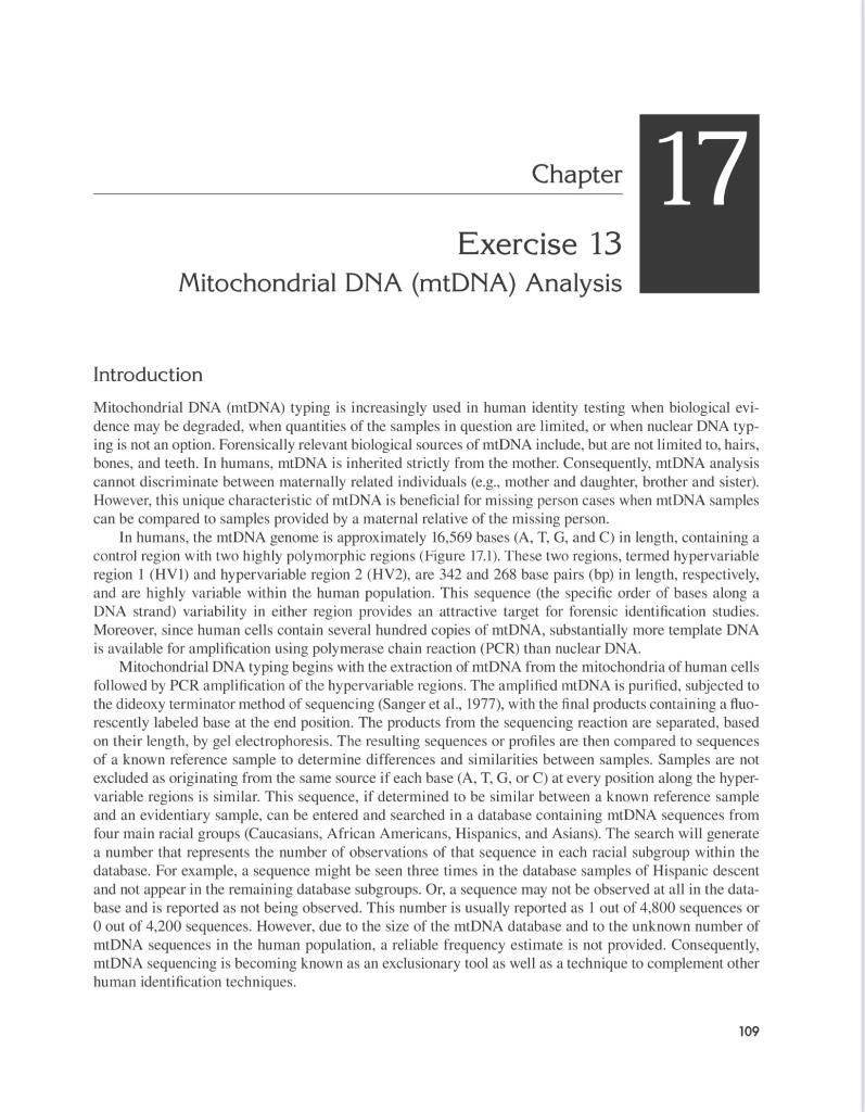 Solved Chapter 17 Exercise 13 Mitochondrial DNA (mtDNA) | Chegg.com