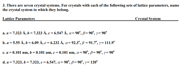 Solved 3. There are seven crystal systems. For crystals with | Chegg.com
