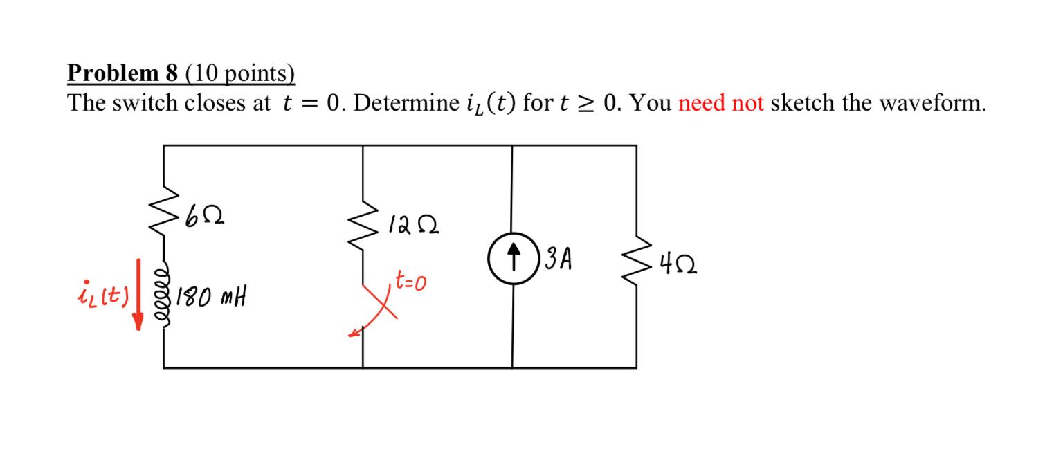 Solved Problem 8 (10 points) The switch closes at t=0. | Chegg.com