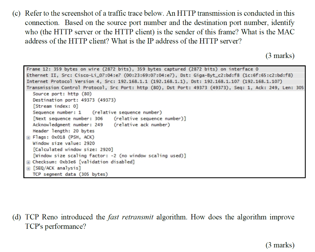 c) Refer to the screenshot of a traffic trace below. | Chegg.com