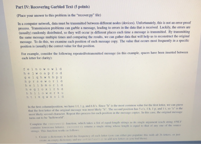 Solved I Part IV: Recovering Garbled Text (5 points) (Place | Chegg.com