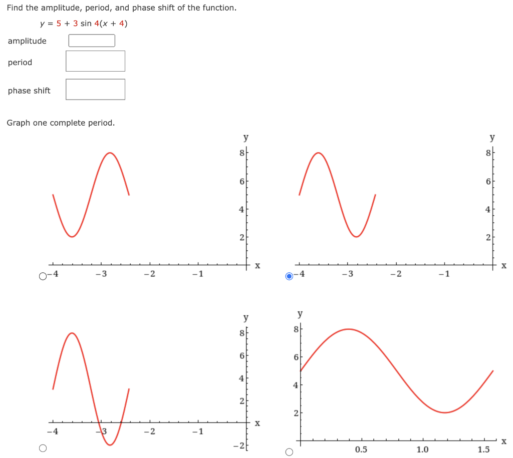 Solved Find the amplitude, period, and phase shift of the | Chegg.com