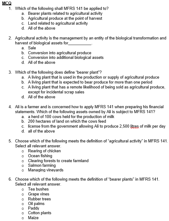 Solved 1. Which of the following shall MFRS 141 be applied | Chegg.com