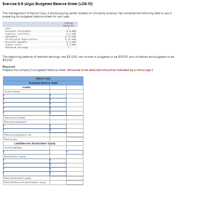 Solved Exerclse 8-9 (Algo) Budgeted Balance Sheet [LO8-10] | Chegg.com