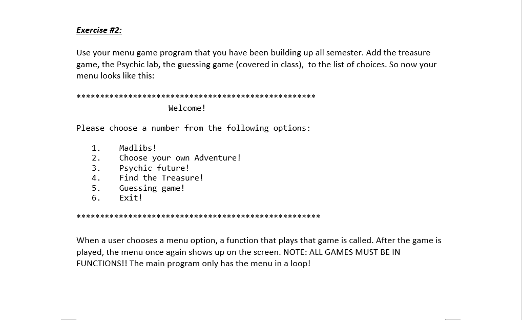 Solved Exercise #2: Use your menu game program that you have | Chegg.com