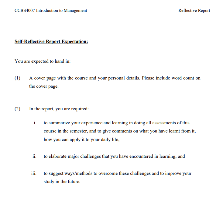 Solved CCBS4007 Introduction to Management Reflective Report | Chegg.com