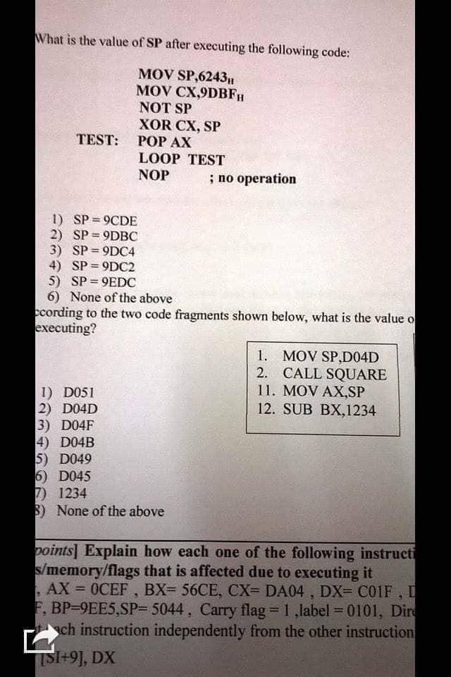 Solved What is the value of SP after executing the following | Chegg.com