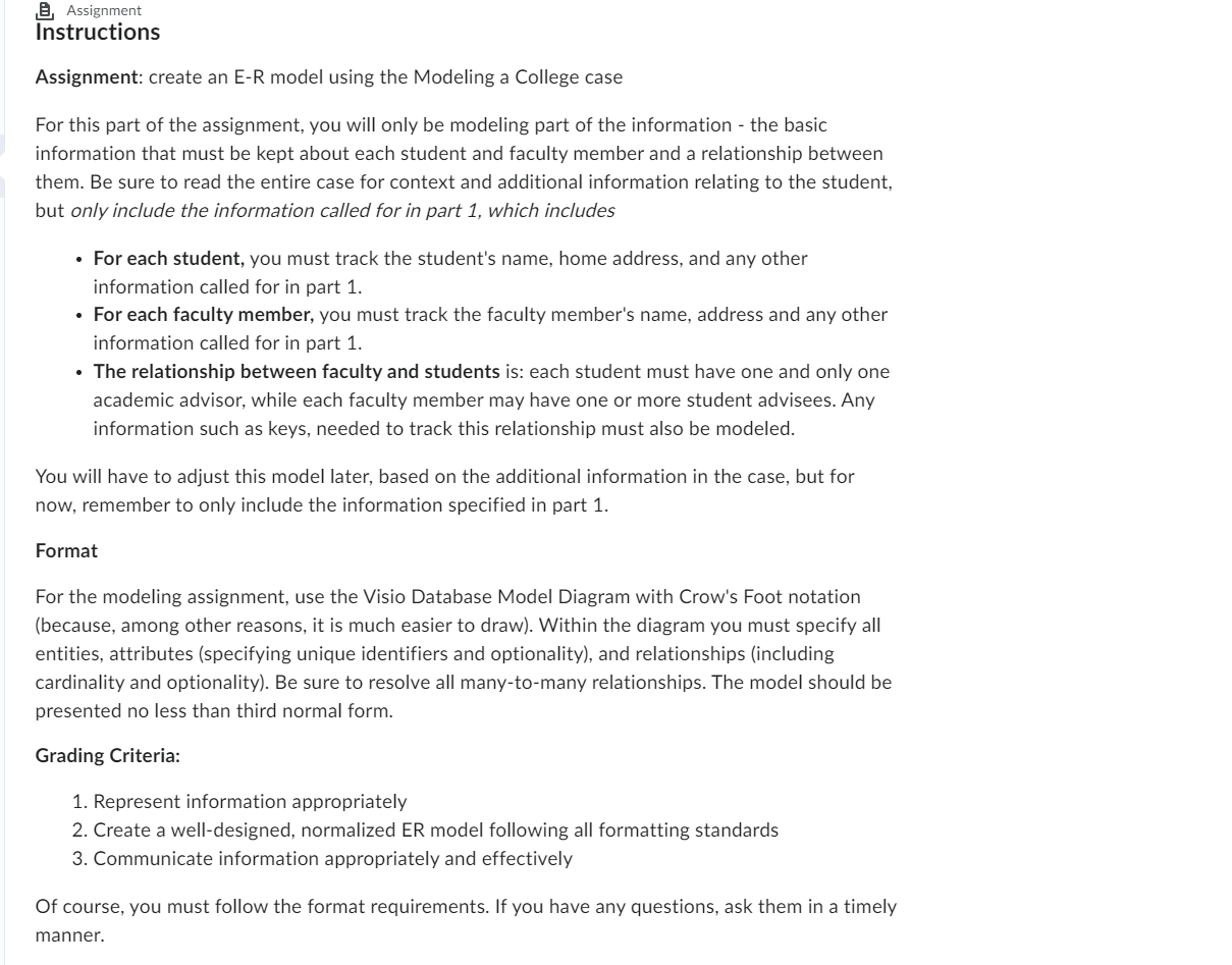 Solved Assignment: create an E-R model using the Modeling a | Chegg.com