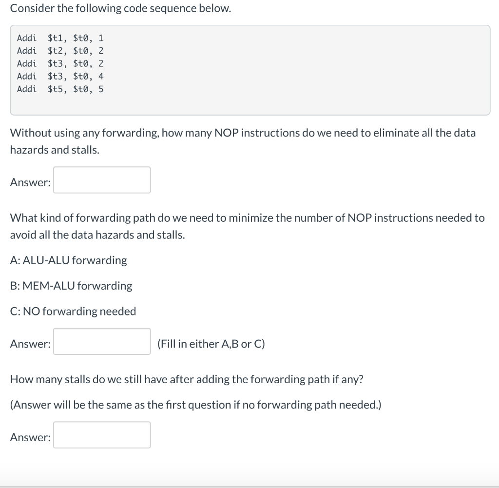 Consider the following code sequence below. Addi $t1, | Chegg.com