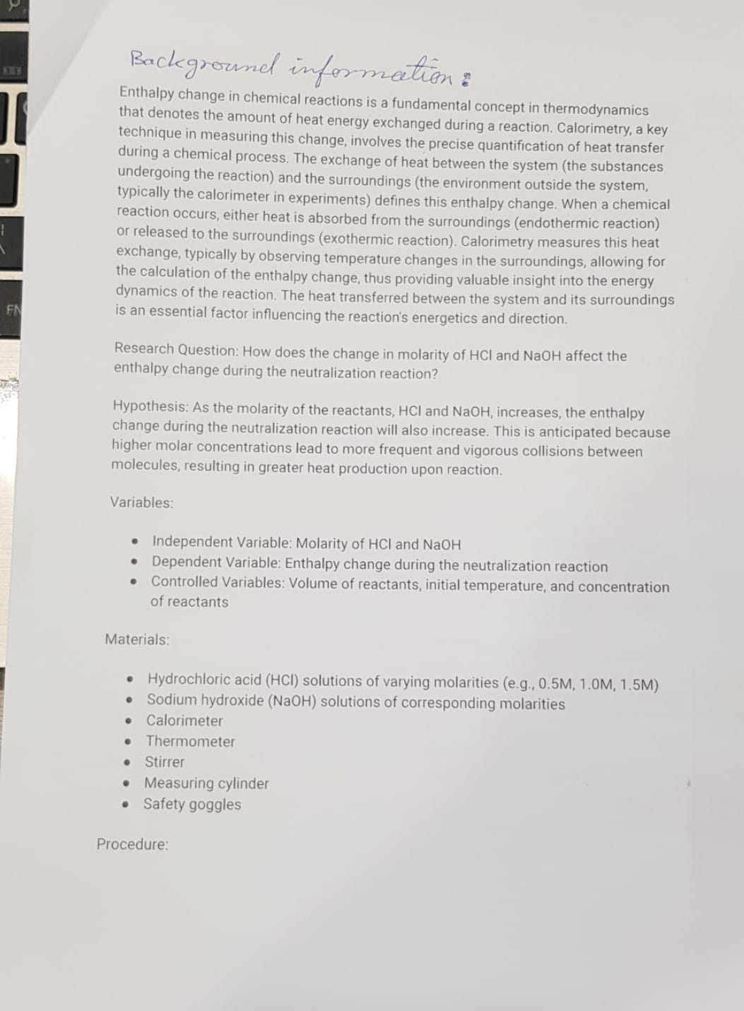 Solved Background information: Enthalpy change in chemical | Chegg.com