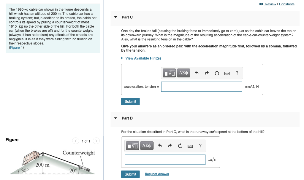 Solved Review | Constants Part A The 1990-kg cable car shown | Chegg.com