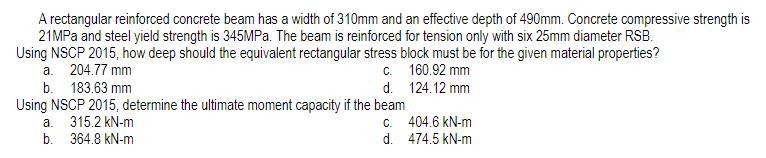 Solved A rectangular reinforced concrete beam has a width of | Chegg.com