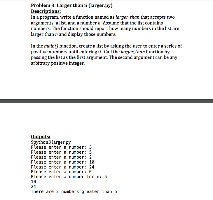 Problem 3: Larger than n (larger.py) Descriptions: In | Chegg.com