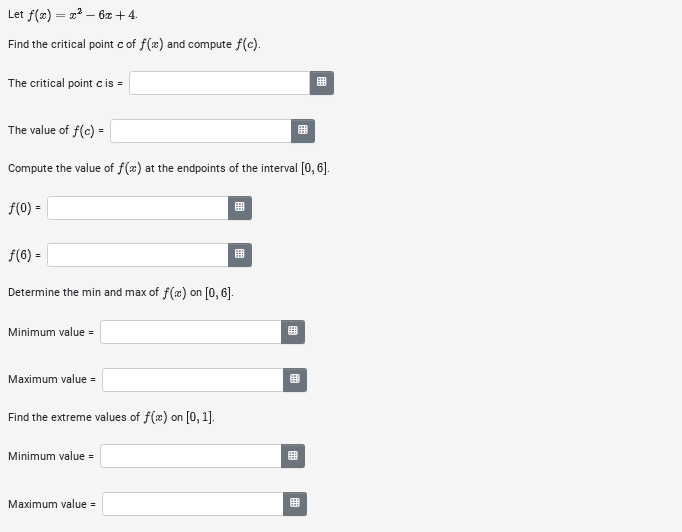 Solved Let f(x)=x2−6x+4. Find the critical point c of f(x) | Chegg.com